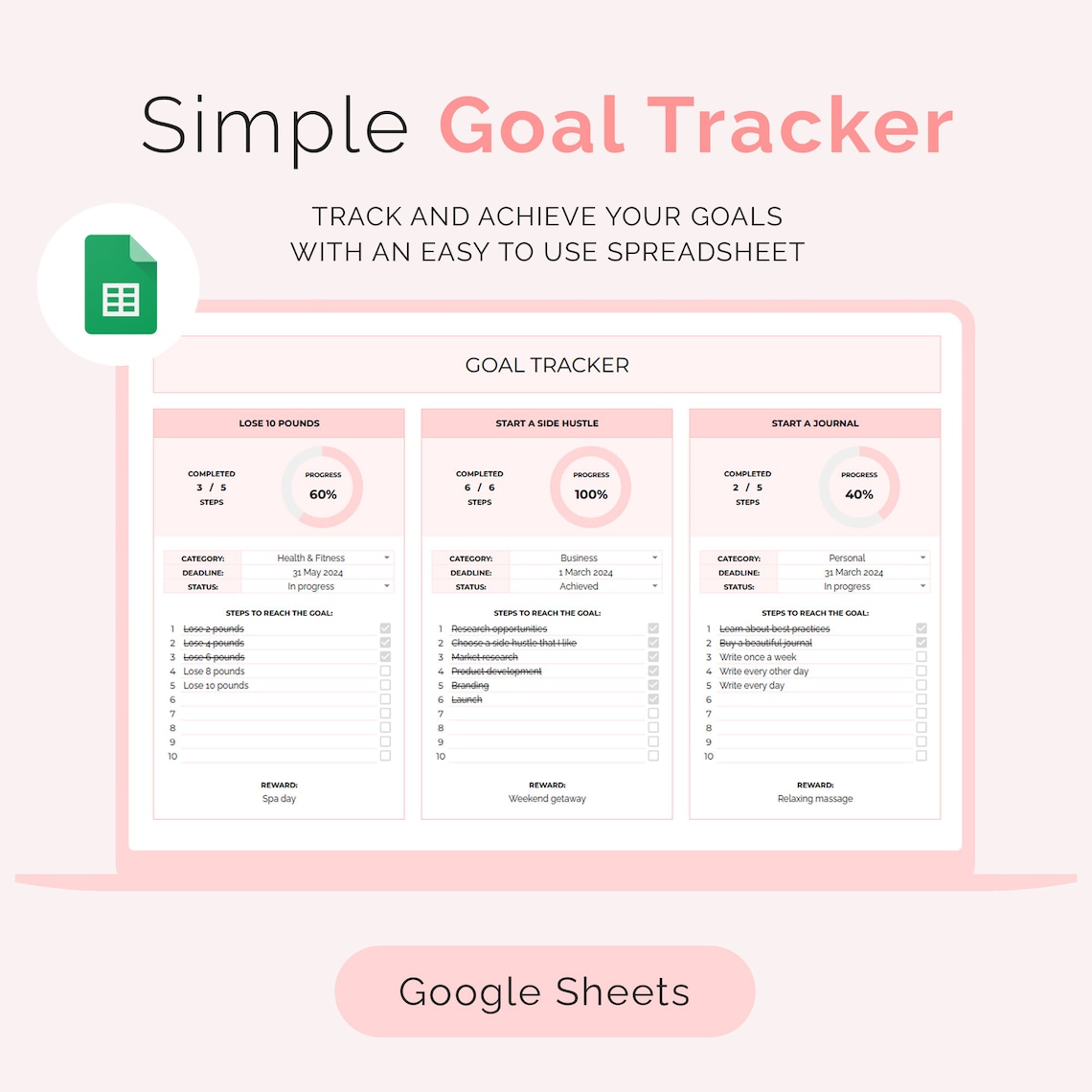 Simple Goal Tracker Google Sheets, Task Tracker Spreadsheet Template ...