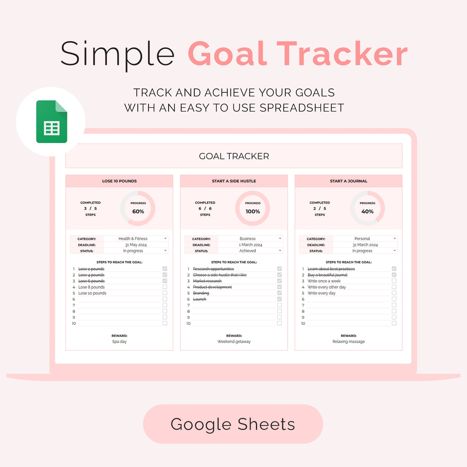 Simple Goal Tracker Google Sheets, Task Tracker Spreadsheet Template ...