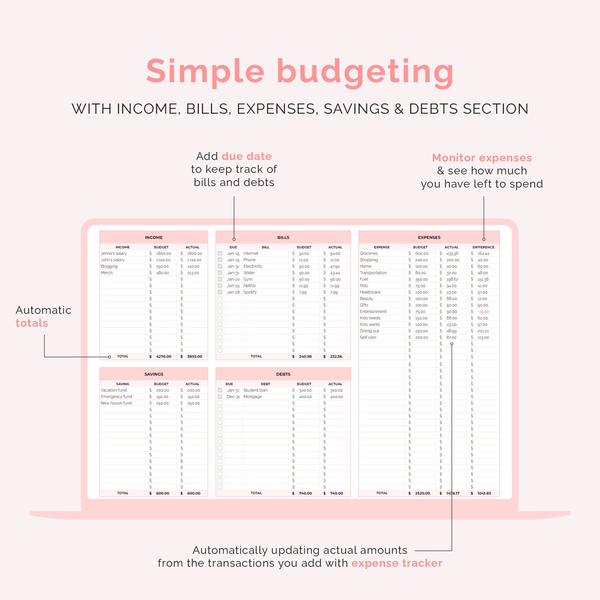 Cute Budget Planner for Google Sheets, Monthly Budget Template, Simple ...