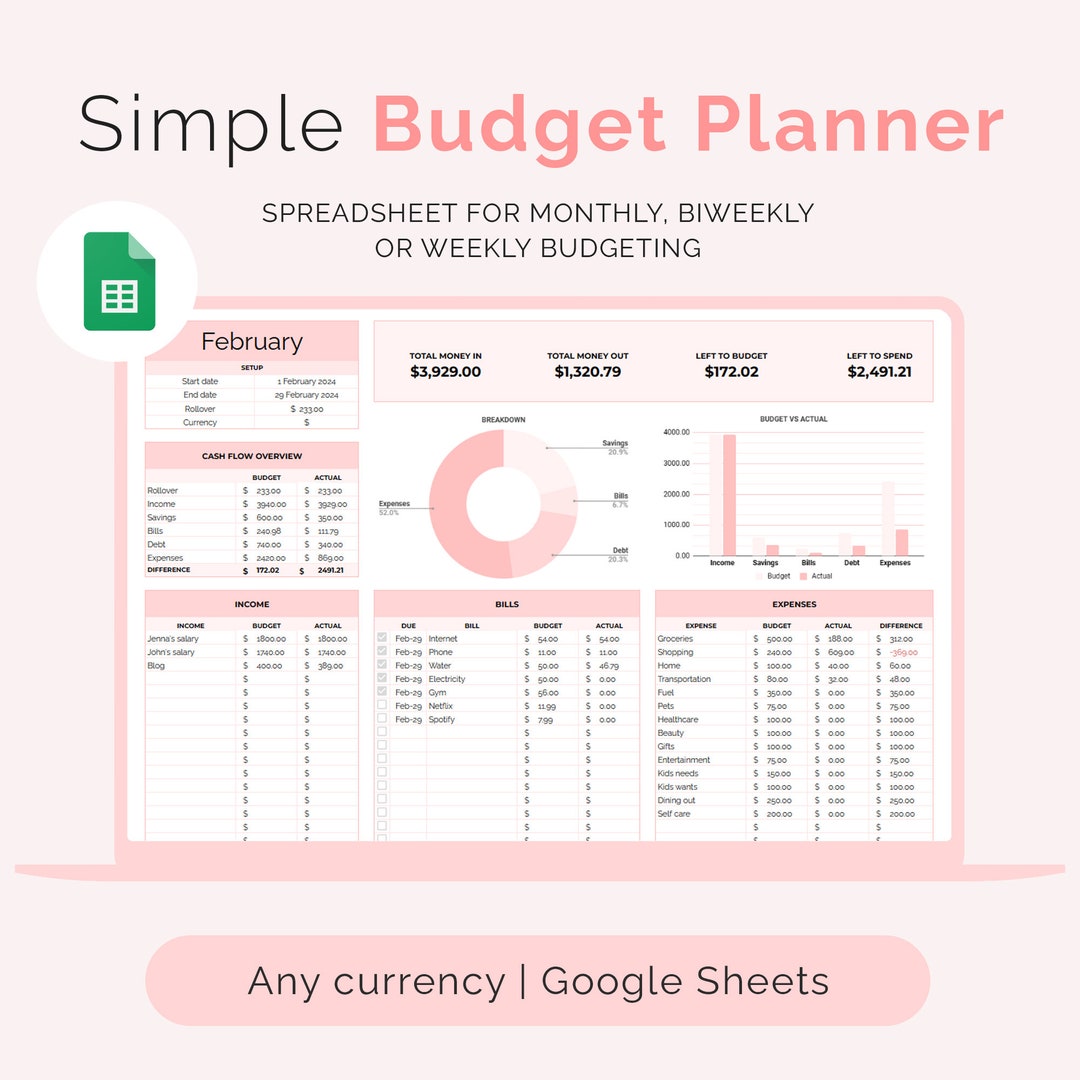 Cute Budget Planner for Google Sheets, Monthly Budget Template, Simple ...