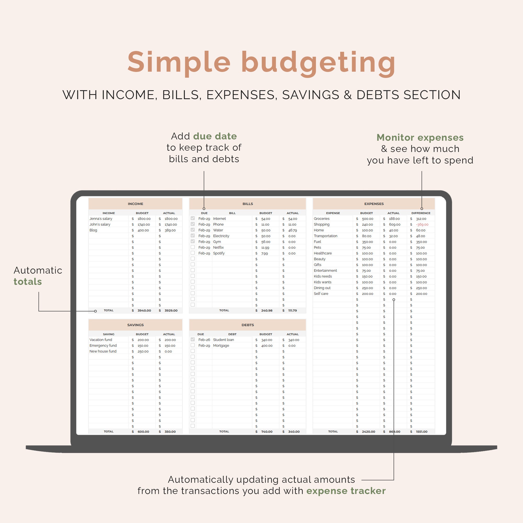 Budget Planner Spreadsheet, Google Sheets Monthly Budget, Simple ...