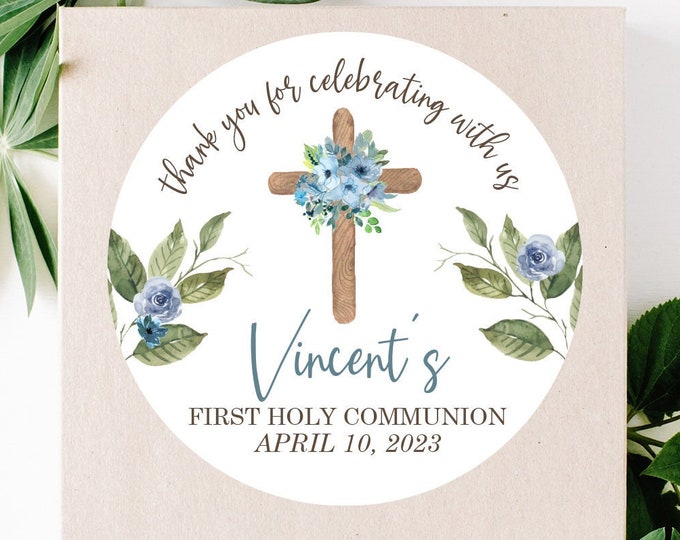 Personalized First Holy Communion Stickers, Blue Floral Cross Communion ...