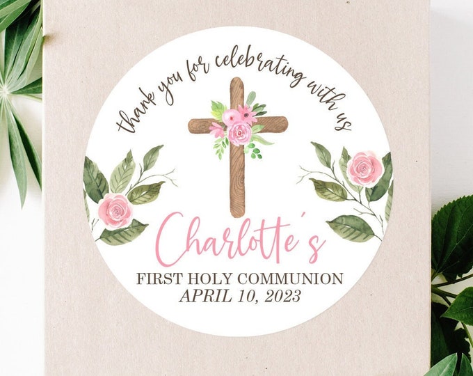 Personalized First Holy Communion Stickers, Pink Floral Cross Communion ...