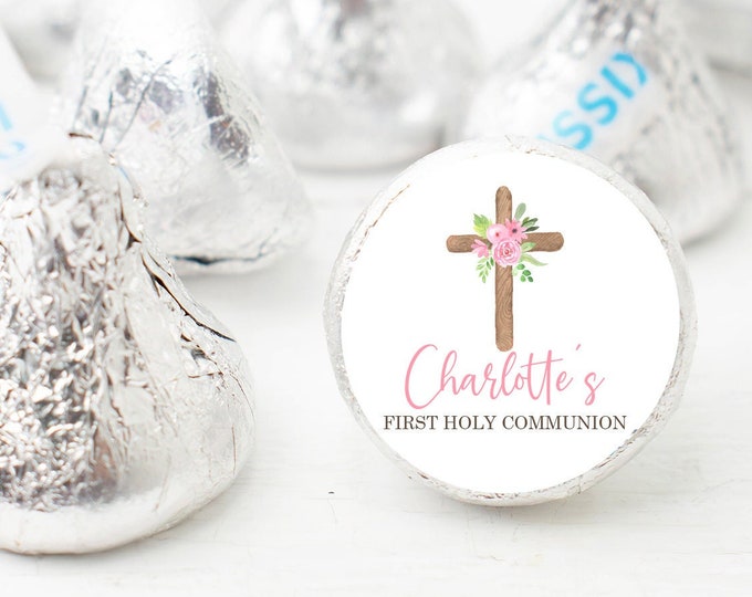 Personalized First Holy Communion Stickers, Pink Floral Cross Communion ...