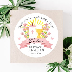 Personalized First Holy Communion Stickers, Pink Floral Communion ...