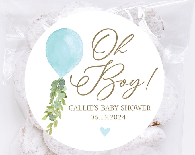 Oh Boy Baby Shower Stickers, Personalized Blue Balloon Tassel Baby ...