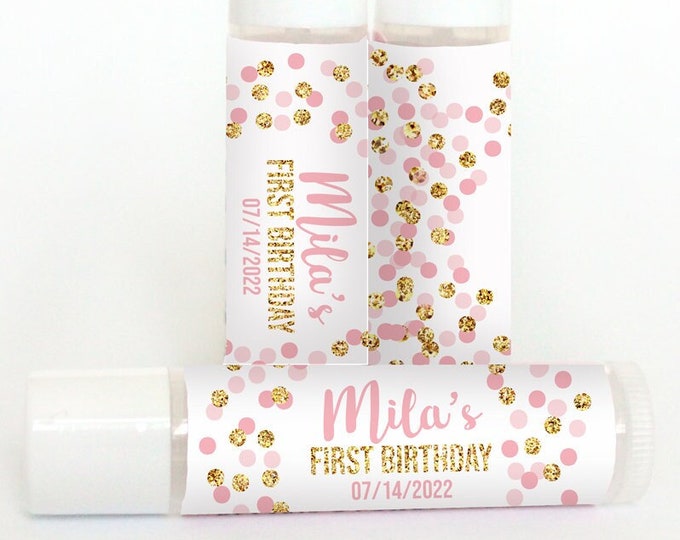 Personalized Pink Gold Confetti Birthday Lip Balm Labels, Custom Lip ...