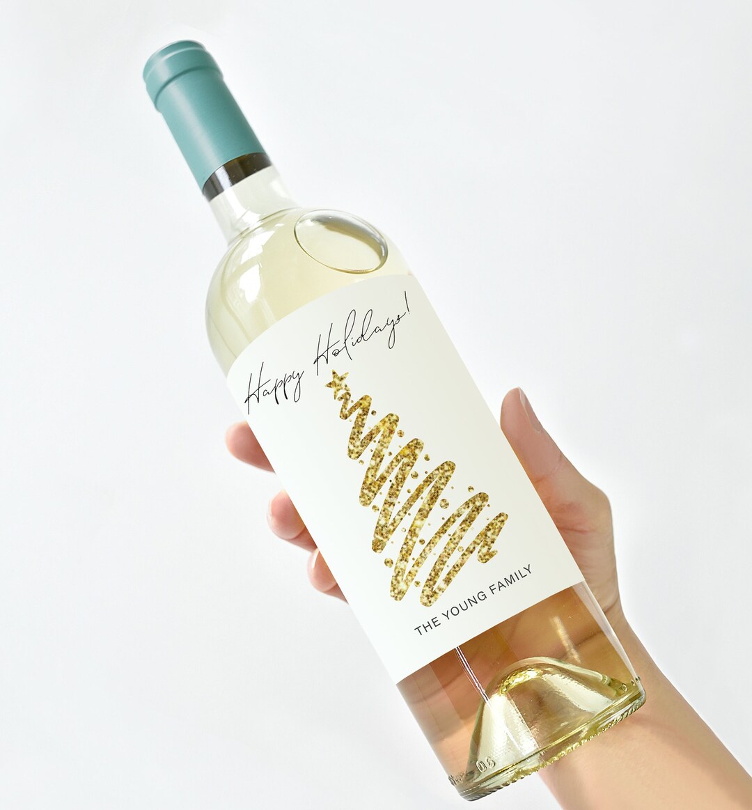 Personalized Gold Glitter Tree Happy Holidays Wine Labels, Custom ...