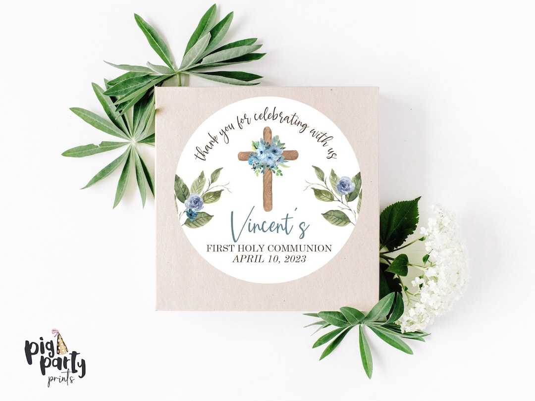 Personalized First Holy Communion Stickers, Blue Floral Cross Communion ...