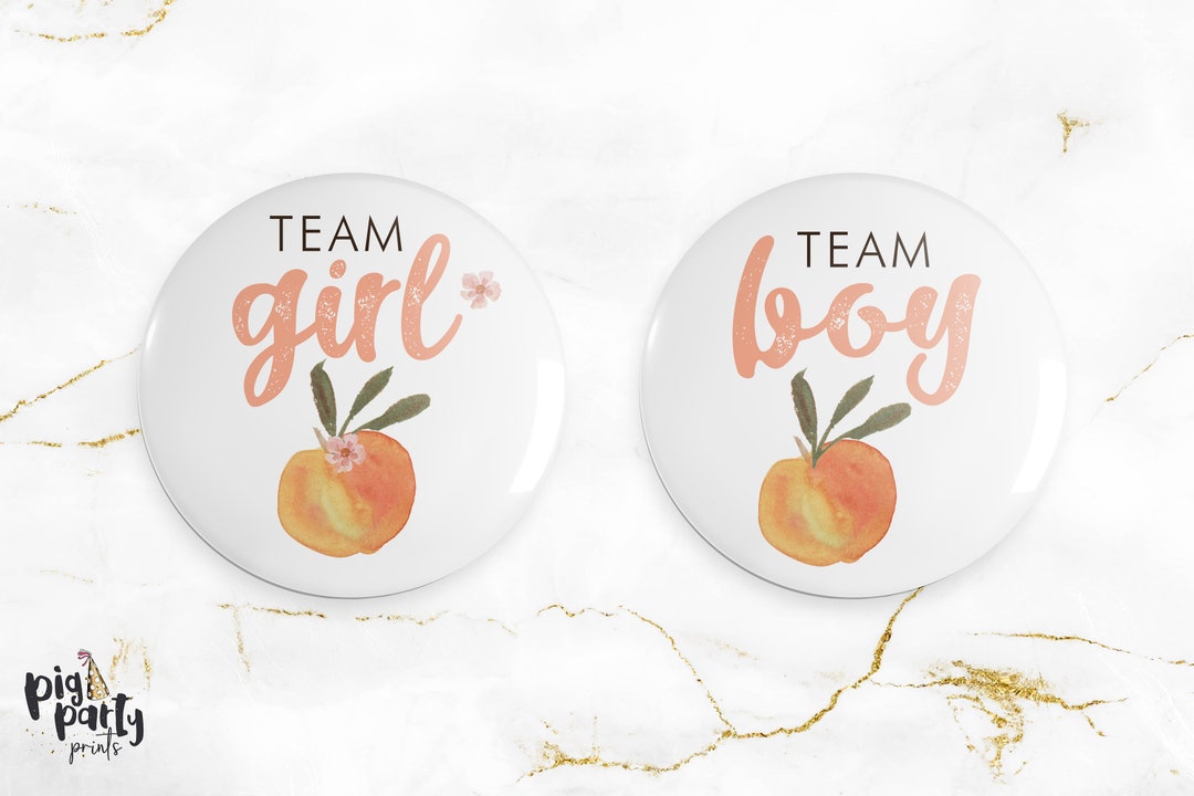 Team Boy and Team Girl Gender Reveal Pins, Peach Baby Gender Reveal ...