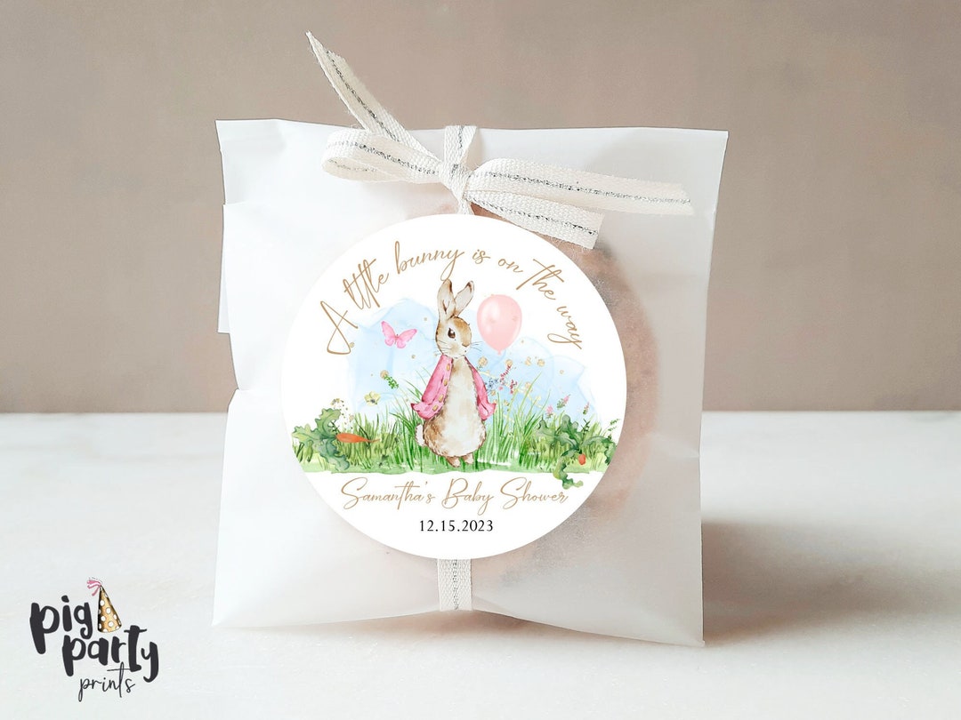 Personalized Pink Peter Rabbit Baby Shower Stickers, Peter Rabbit Theme ...