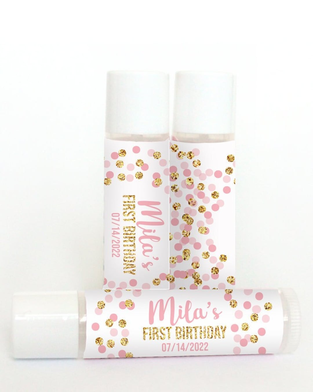 Personalized Pink Gold Confetti Birthday Lip Balm Labels, Custom Lip ...