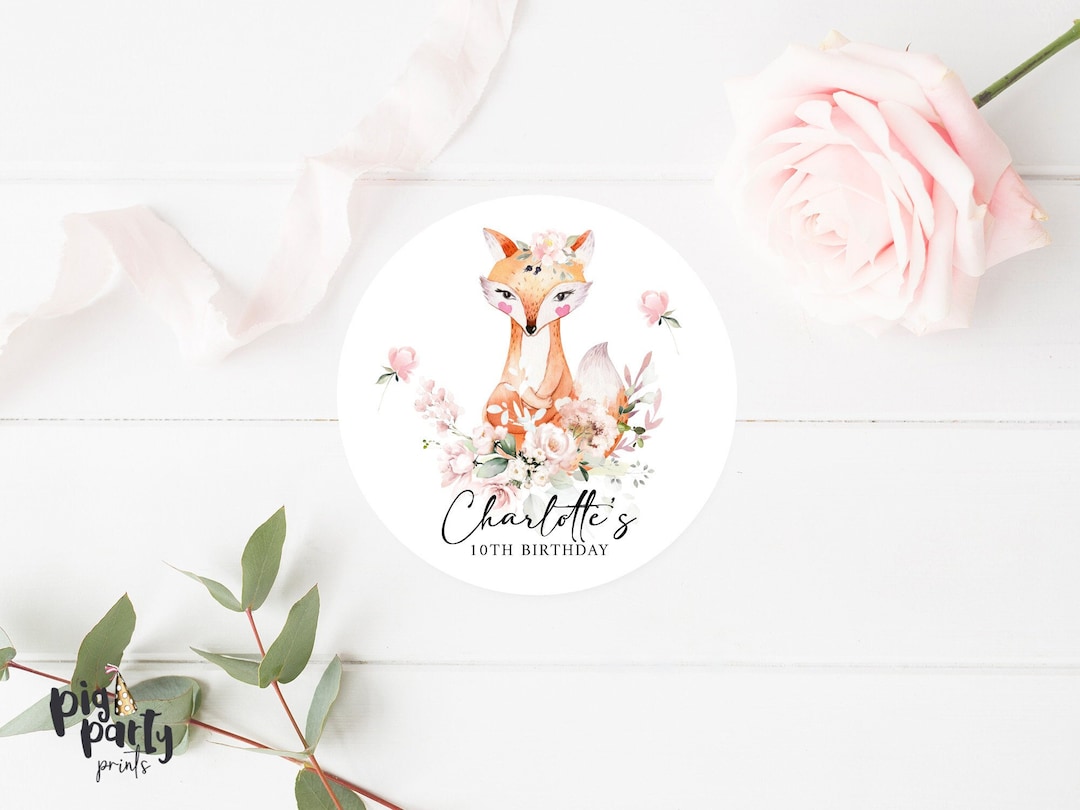Pink Floral Fox Birthday Stickers, Fox Birthday Party Favor Stickers ...