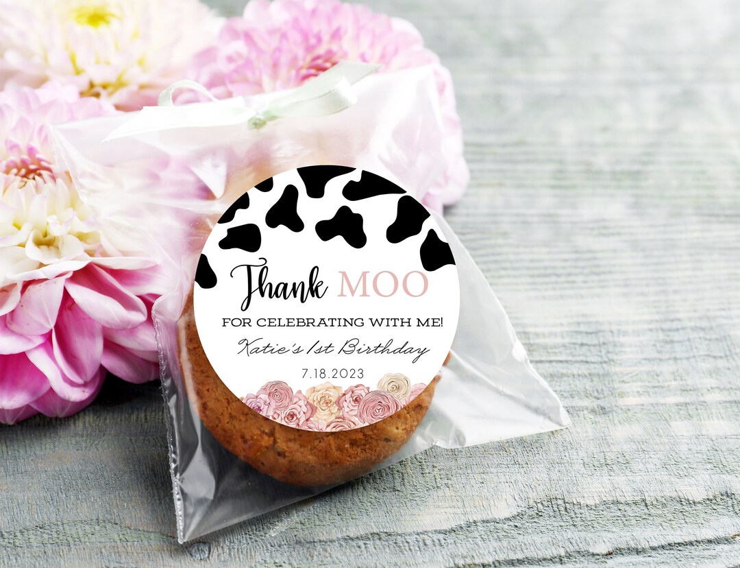 Cow Birthday Stickers, Pink Floral Cow Birthday Party Favor Stickers ...