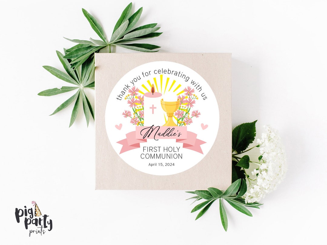 Personalized First Holy Communion Stickers, Pink Floral Communion ...