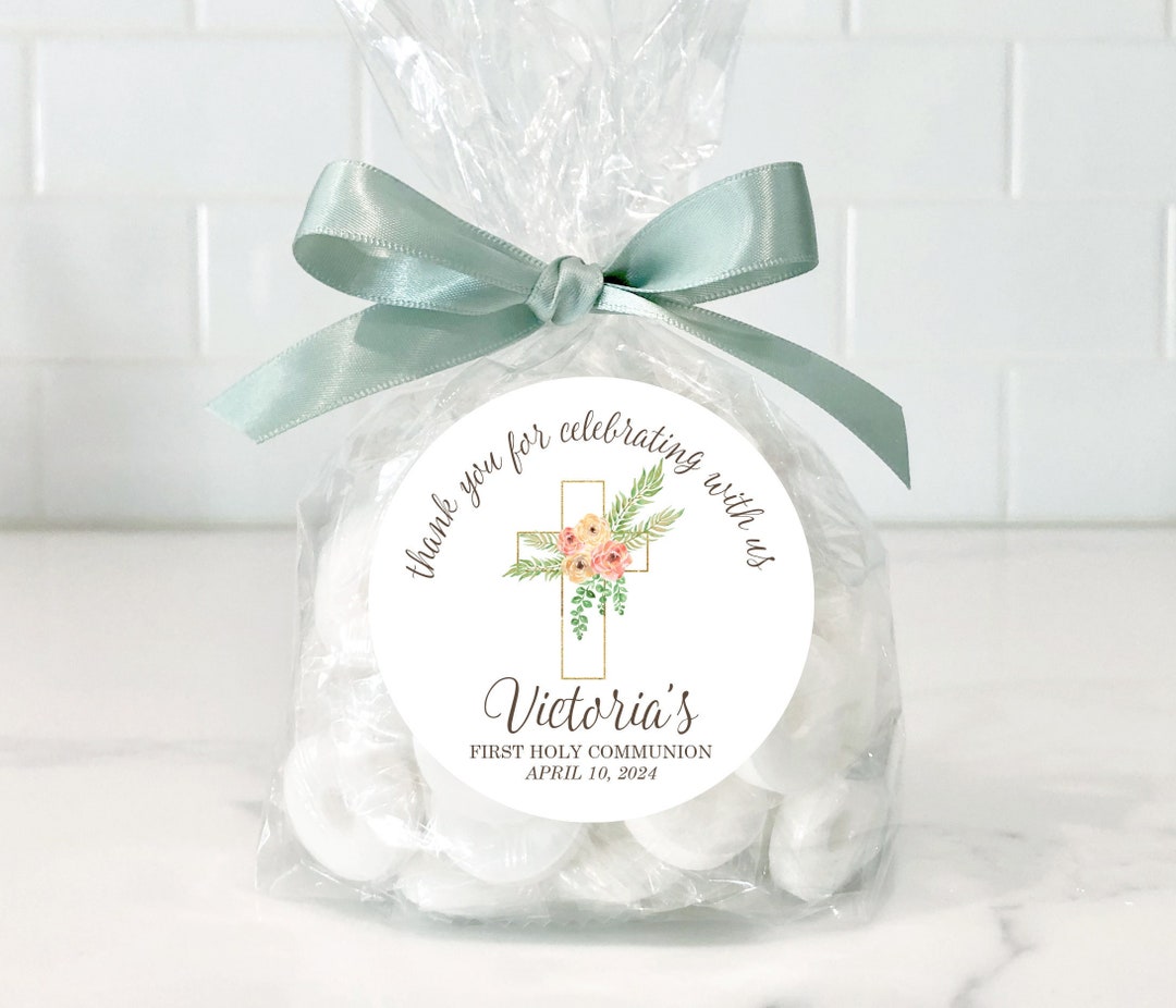 Personalized First Holy Communion Stickers, Pink Floral Cross Communion ...