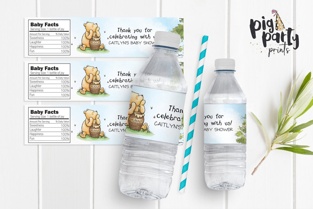 Classic Pooh Baby Shower Water Bottle Labels, Pooh Party Favor Labels ...