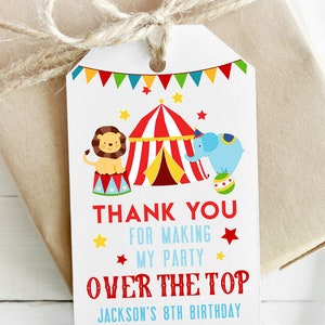 Circus Birthday Party Hang Tags, Thanks Over the Top Party Favor Tags ...