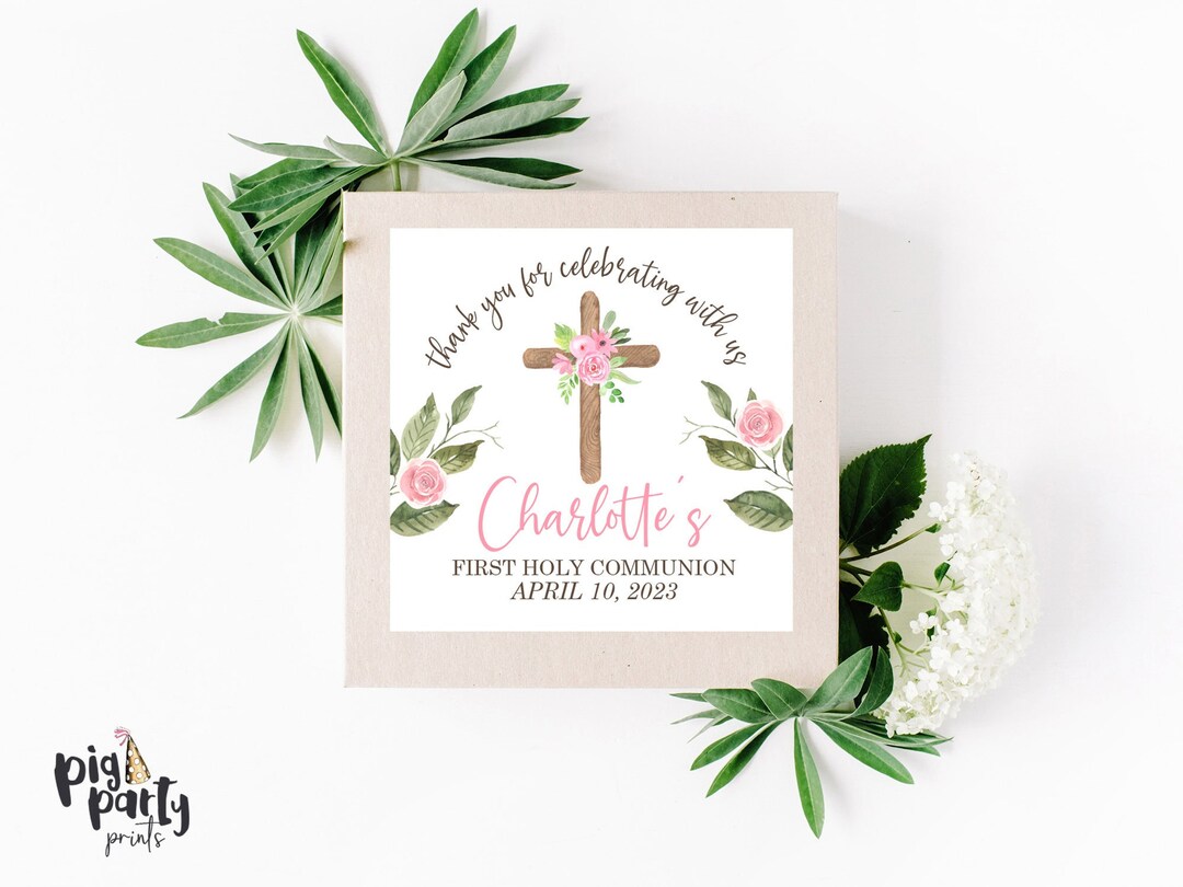 Personalized First Holy Communion Stickers, Pink Floral Cross Communion ...