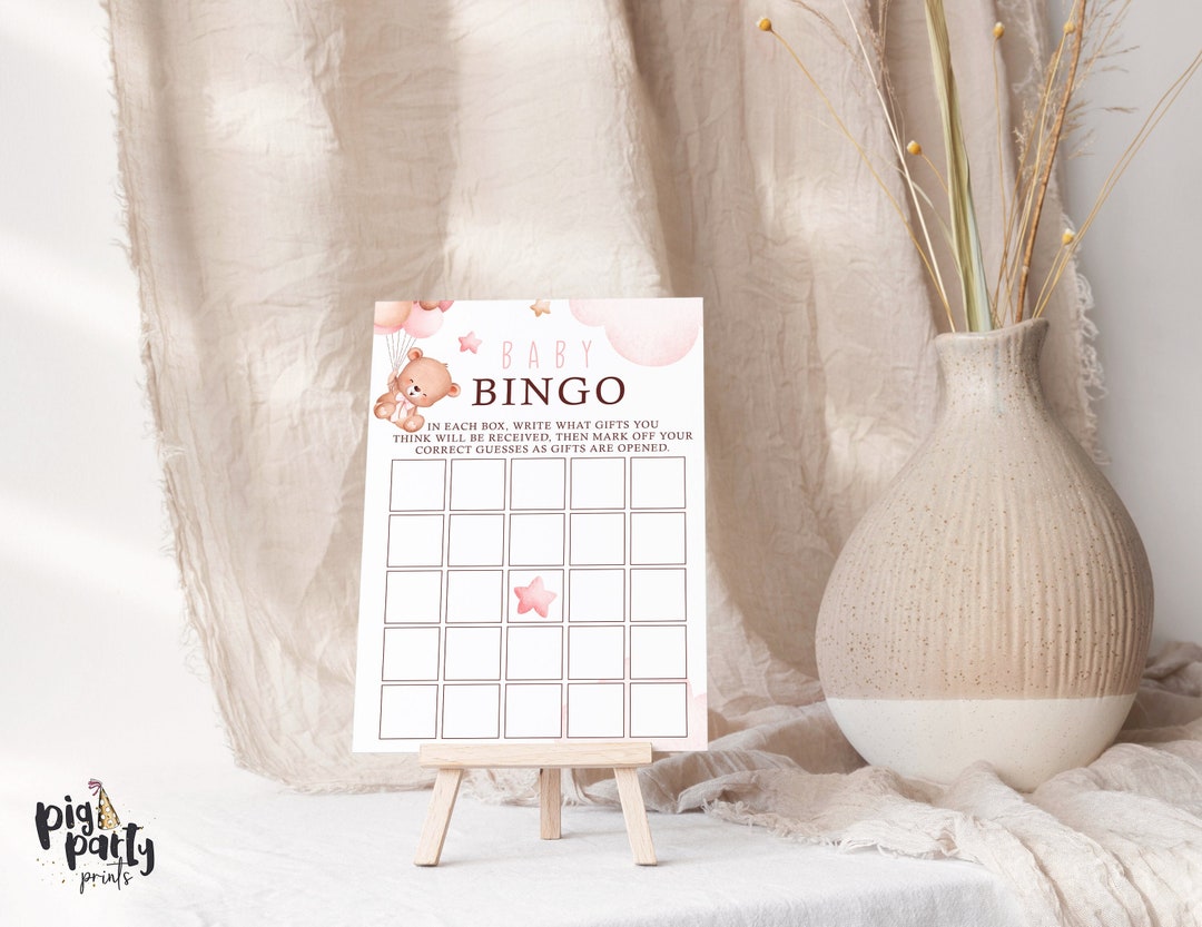 Printable Pink Bear Balloons Baby Shower Game, Bingo Teddy Bear Baby ...