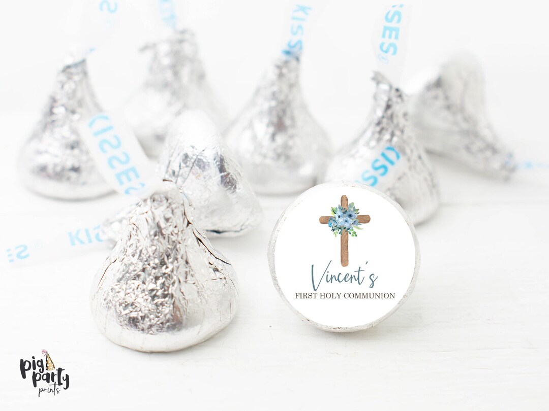 Personalized First Holy Communion Stickers, Blue Floral Cross Communion ...