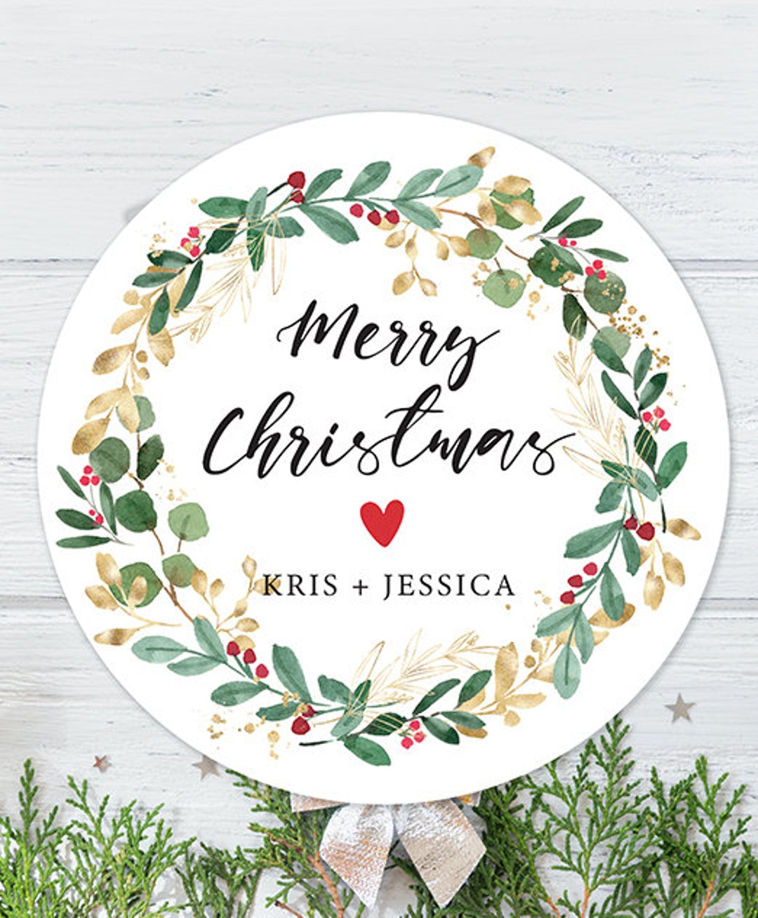Wreath Merry Christmas Stickers, Personalized Christmas Party Favor ...