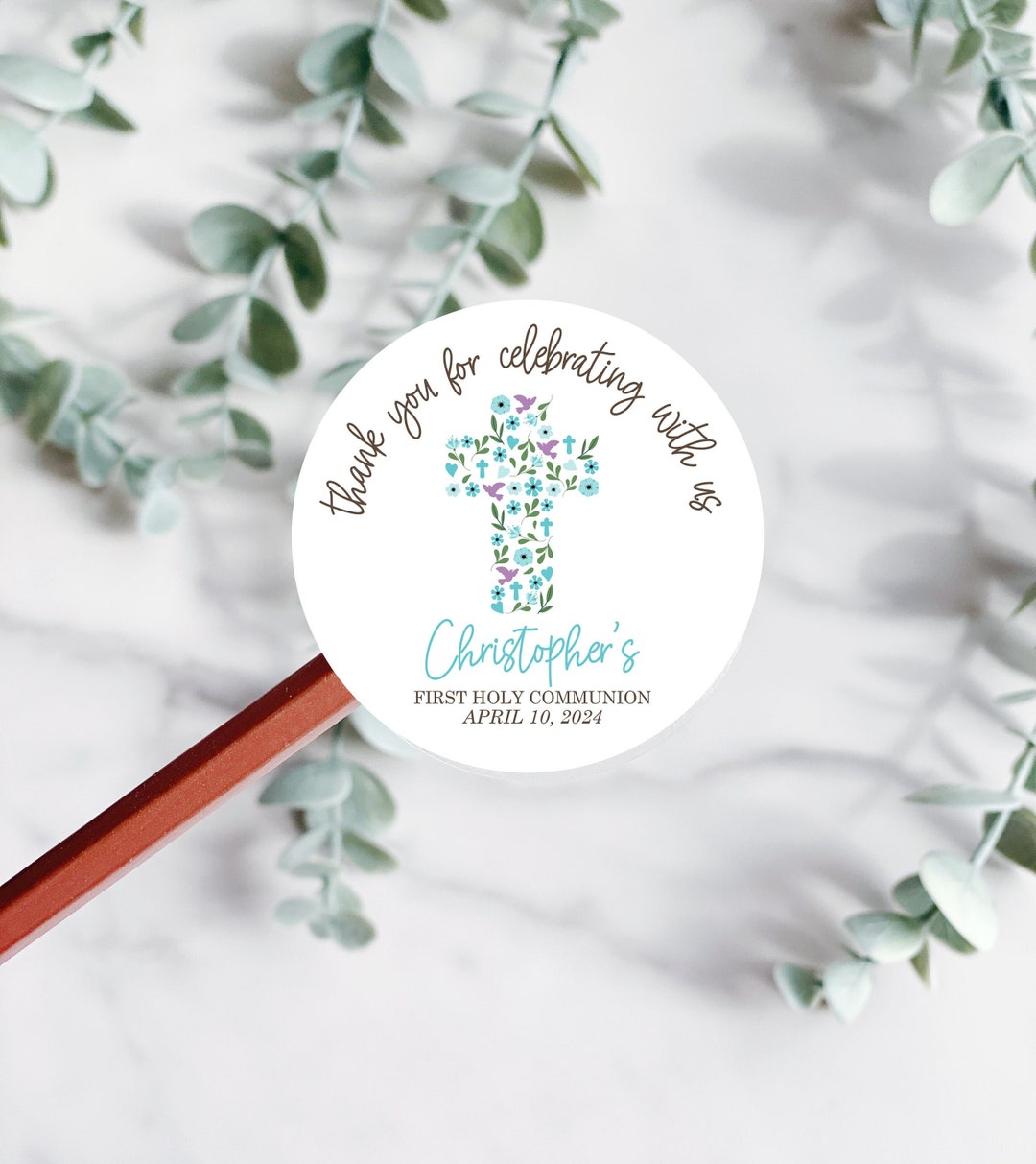 Personalized First Holy Communion Stickers, Blue Floral Cross Communion ...