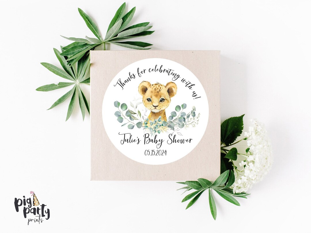 Personalized Lion Cub Baby Shower Stickers, Greenery Lion Cub Baby ...