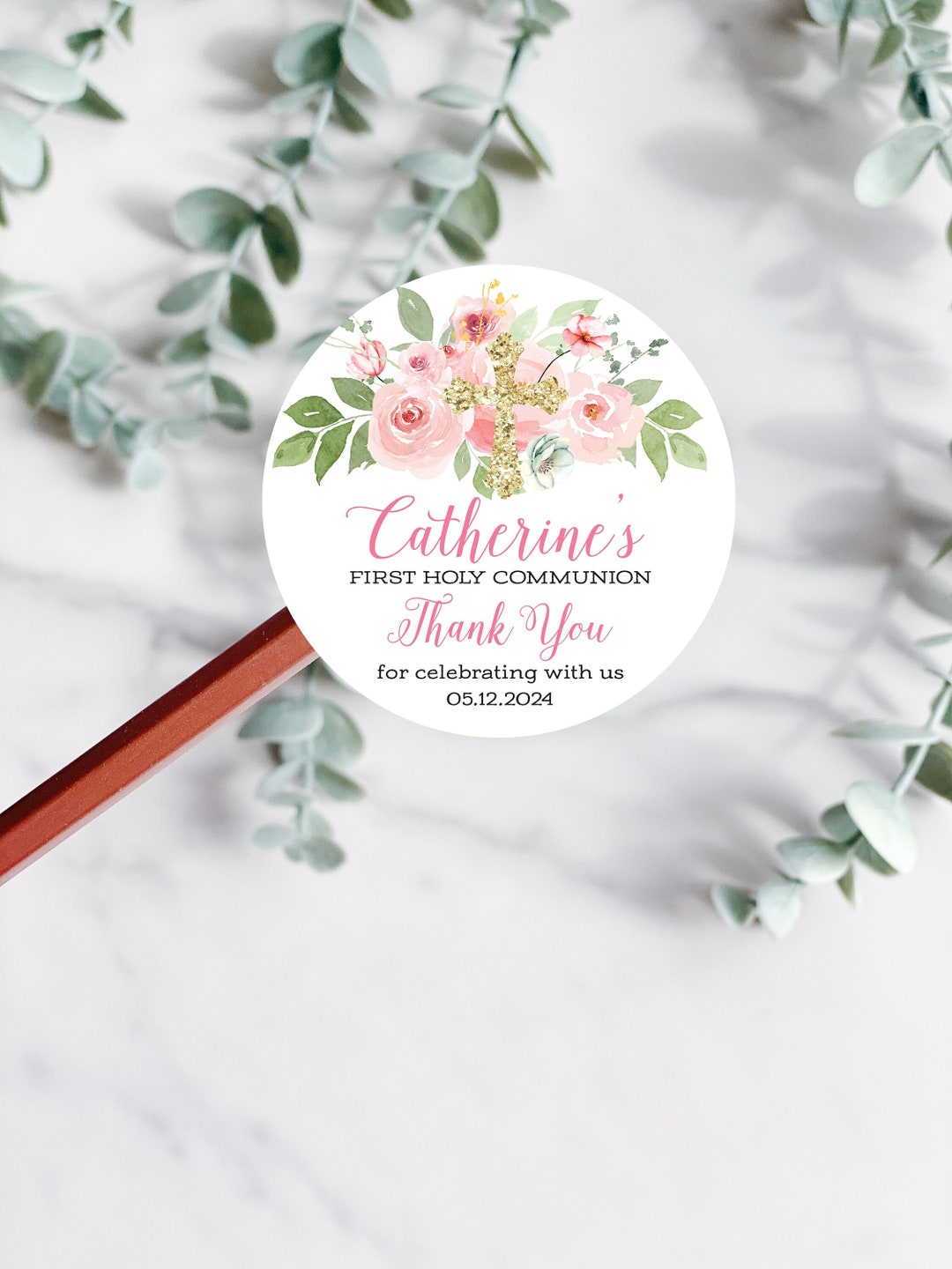 First Holy Communion Stickers, Pink Floral Cross Communion Stickers ...