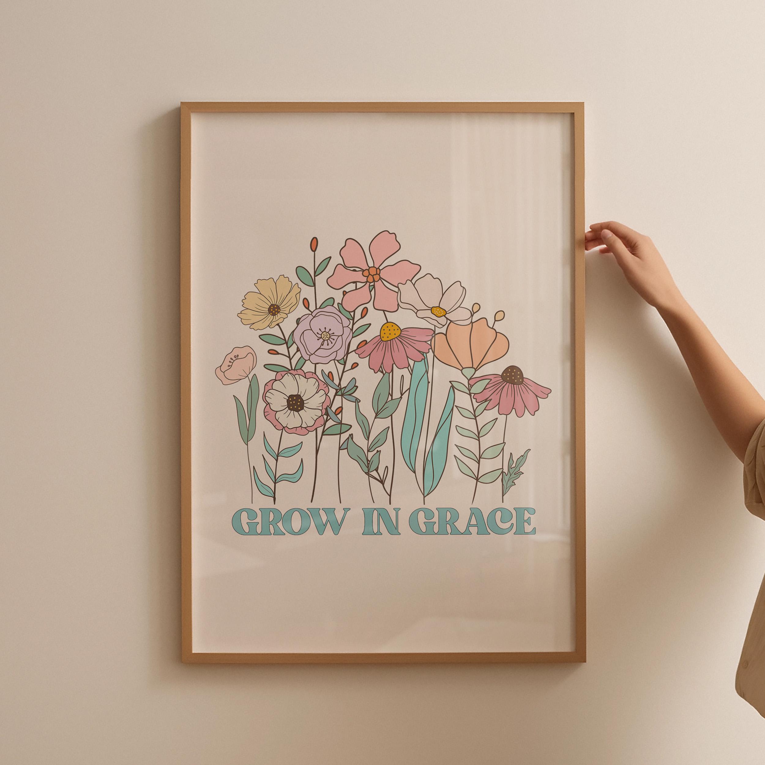 Grow in Grace Print, Boho Flower Wall Art, Digital Download, Christian ...