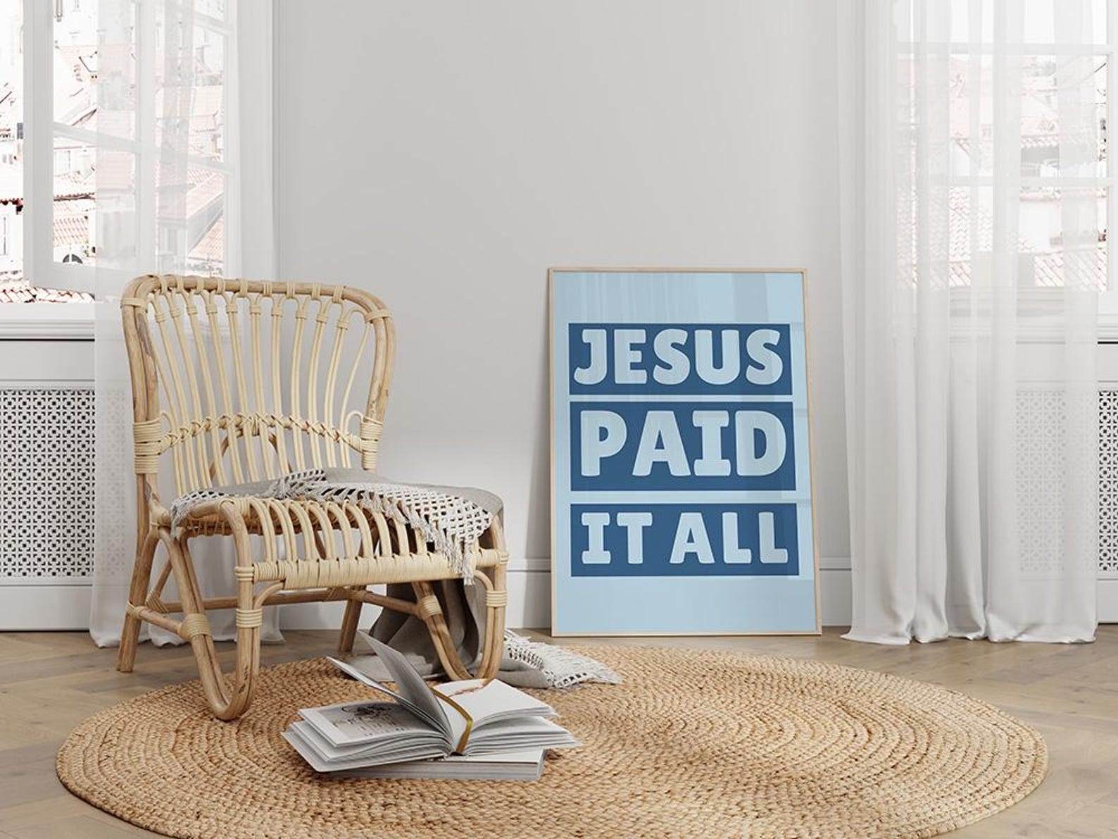 Trendy Christian Wall Art Maximalist Jesus Paid It All Print Blue Wall ...