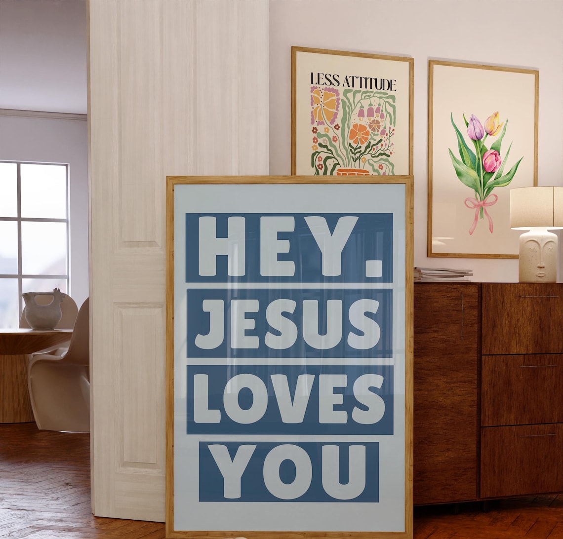 Trendy Christian Wall Art Maximalist Jesus Loves You Print Blue Wall ...