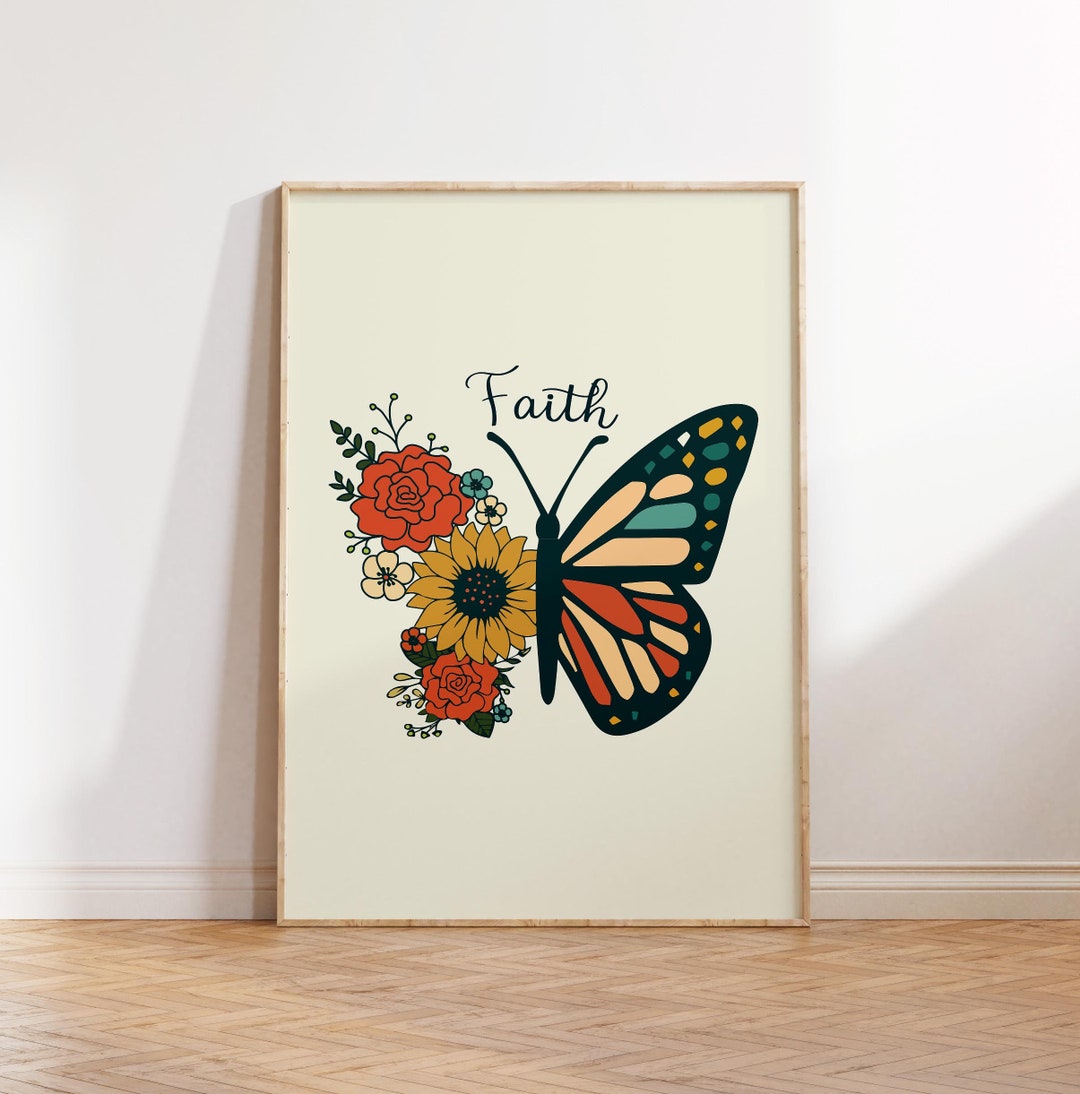 Retro Faith Wall Print, Christian Poster, Butterfly Wall Art, Religious ...