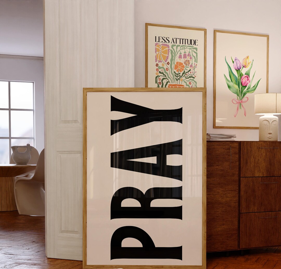 Pray Print, Jesus Typography Poster, Trendy Christian Wall Art, Retro ...