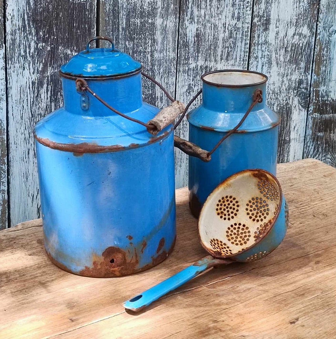 Vintage Enameled Milk Jug, Blue Colored Wooden Handle Metal Jug, Set ...