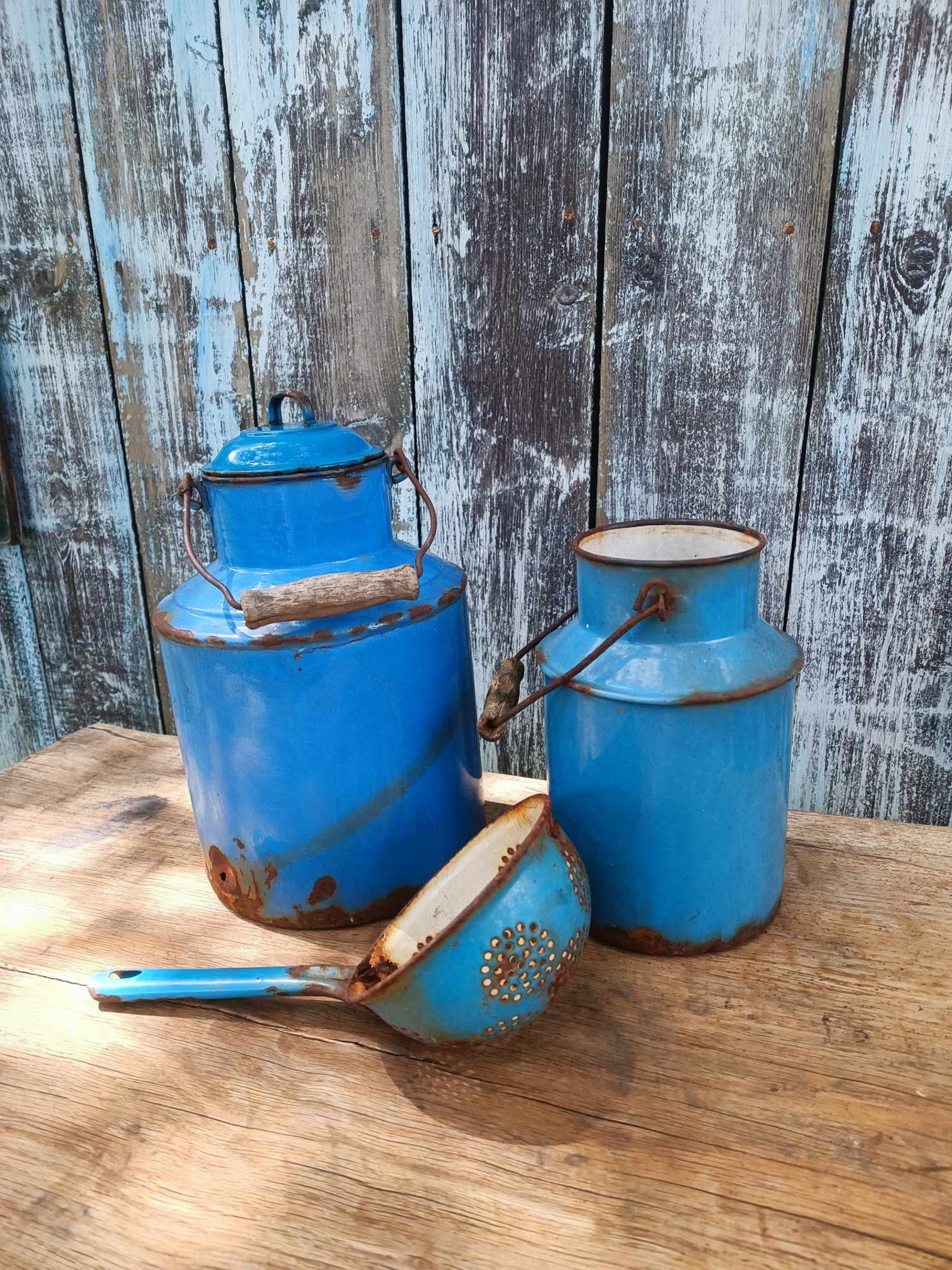 Vintage Enameled Milk Jug, Blue Colored Wooden Handle Metal Jug, Set ...