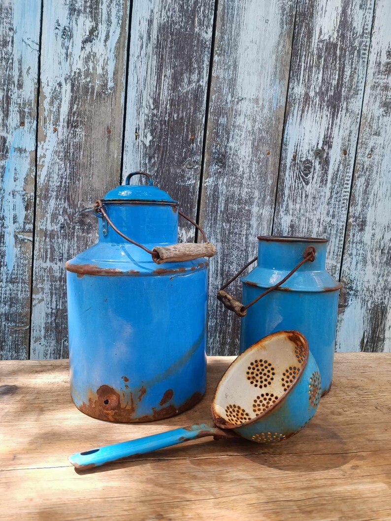 Vintage Enameled Milk Jug, Blue Colored Wooden Handle Metal Jug, Set ...