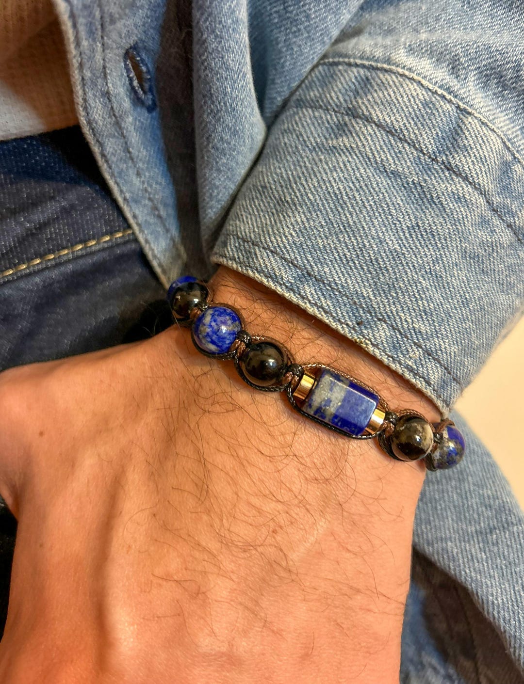 Mens Lapis Lazuli and Tourmaline Beaded Crystal Gemstone Bracelet ...