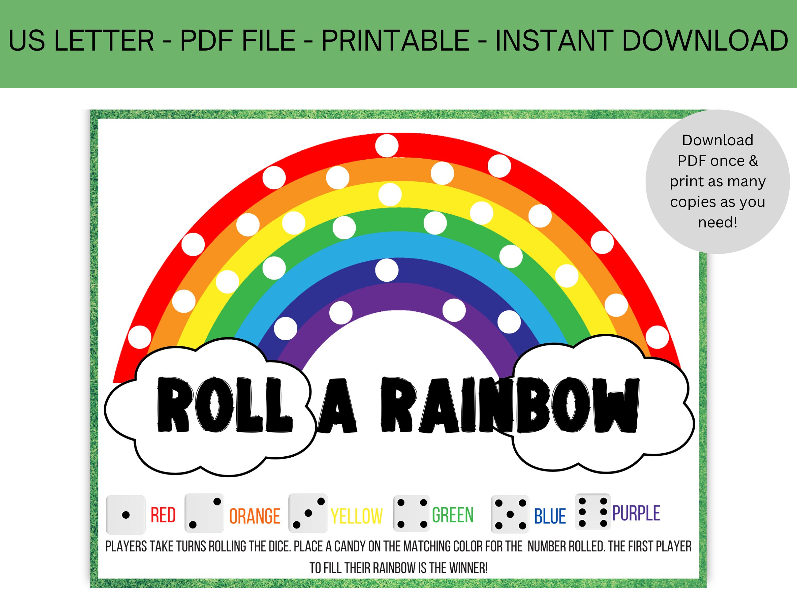 Roll A Rainbow Dice Game: St Patricks Day Printable (instant Download ...