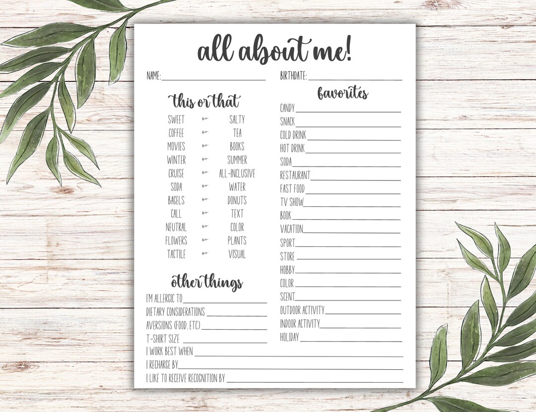 All About Me Survey: Staff & Teacher Appreciation Printable (PDF) - Etsy