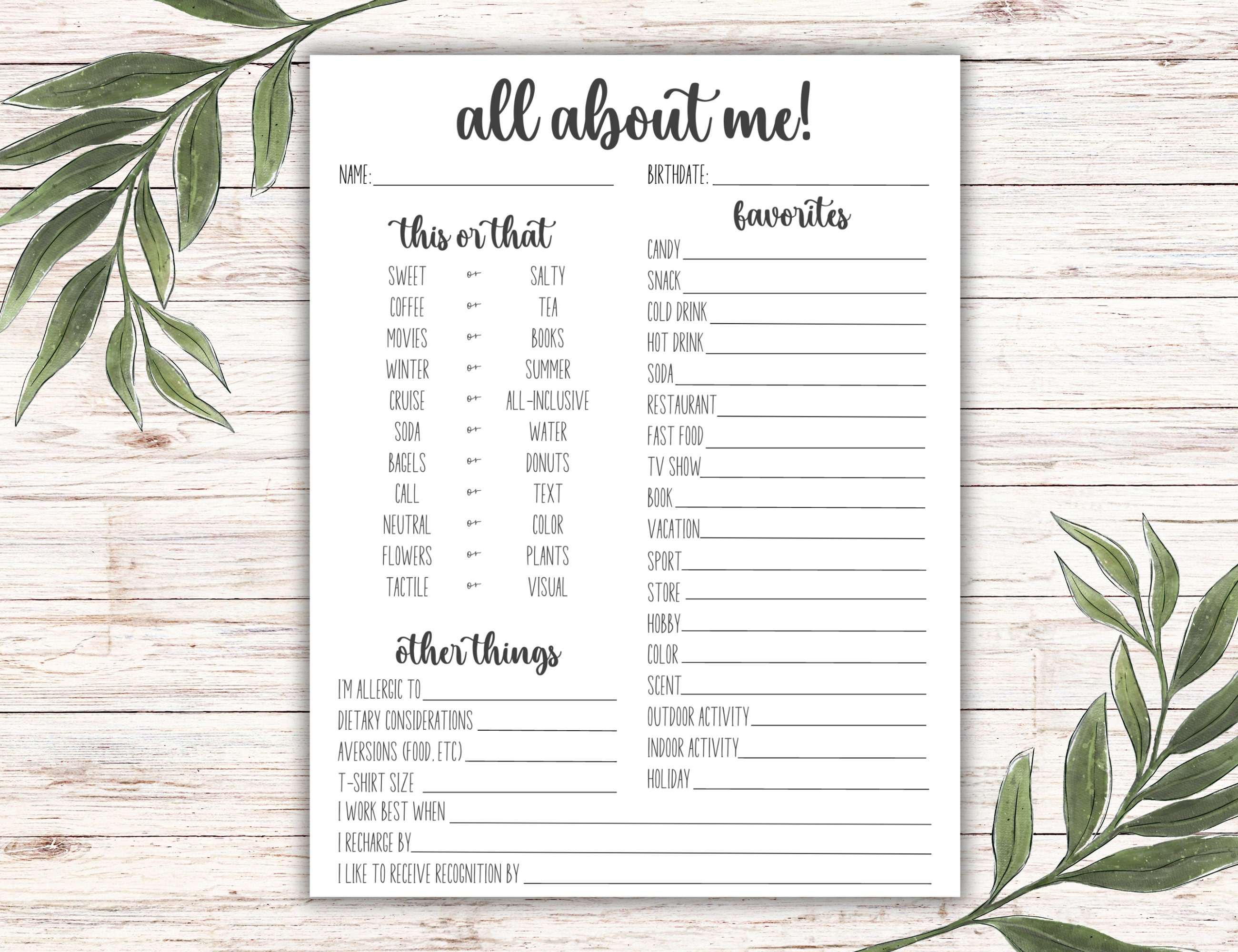 All About Me Survey: Staff & Teacher Appreciation Printable (PDF) - Etsy