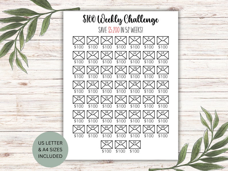 52 Week Savings Challenge, Savings Tracker, 5200 in 52 Weeks, 100 ...