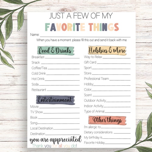 Favorites Survey Printable Questionnaire My Favorite - Etsy