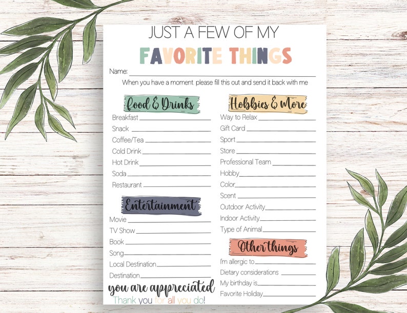 Favorites Survey Printable: Teacher Appreciation Questionnaire (PDF) - Etsy
