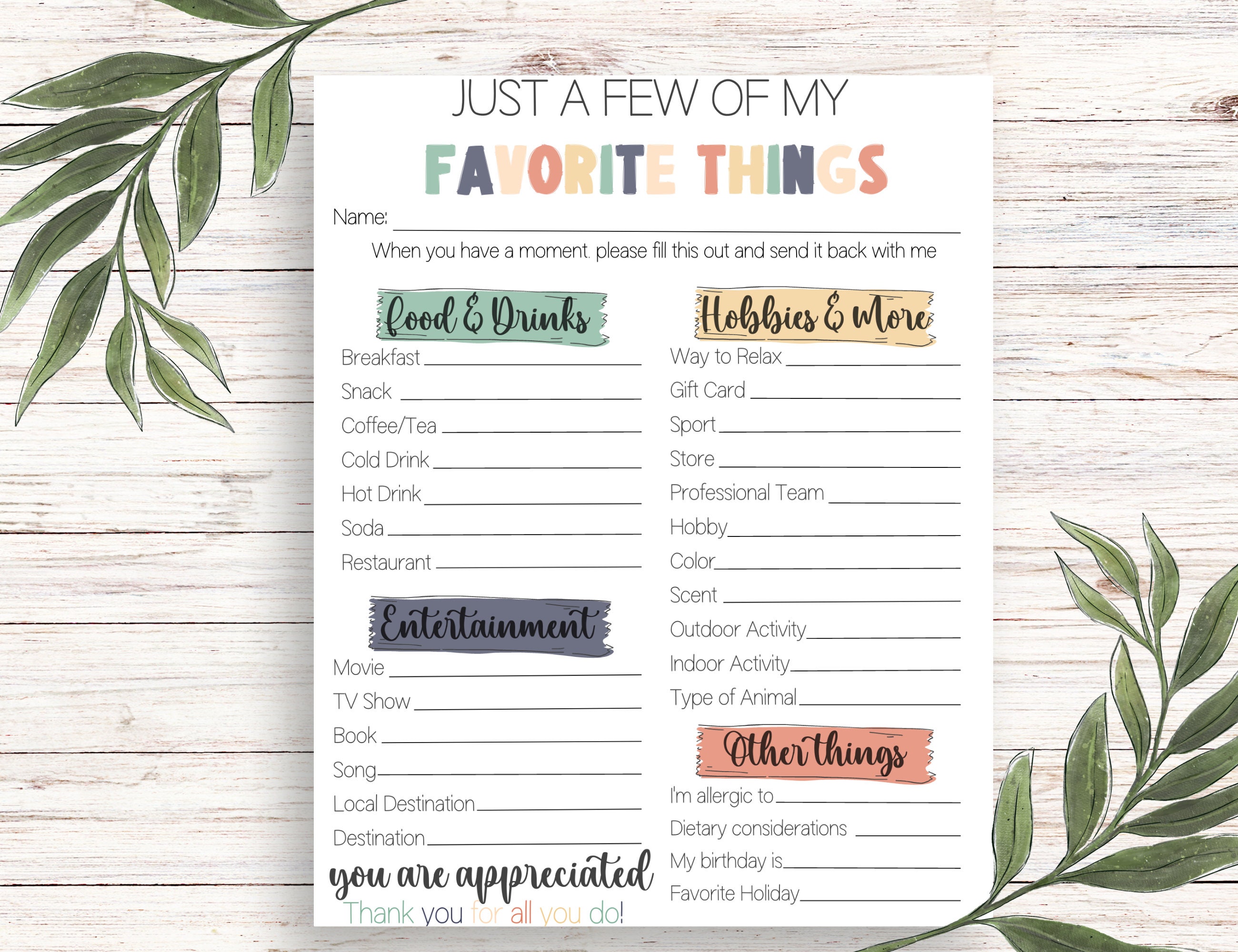 Favorites Survey Printable Questionnaire My Favorite Etsy