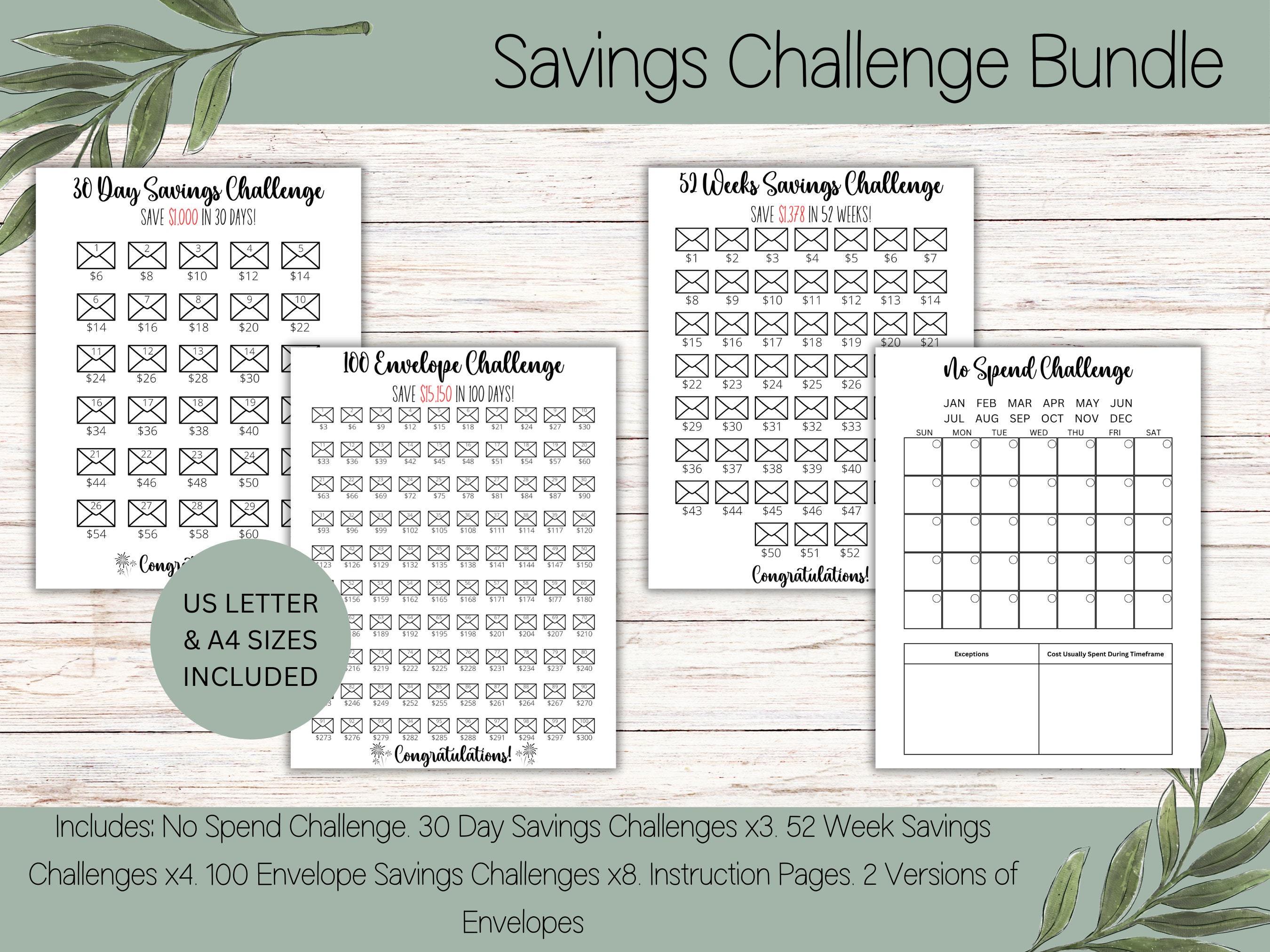 Savings Challenge Printable Bundle: 52 Week, 100 Envelope, 30 Day (PDF ...