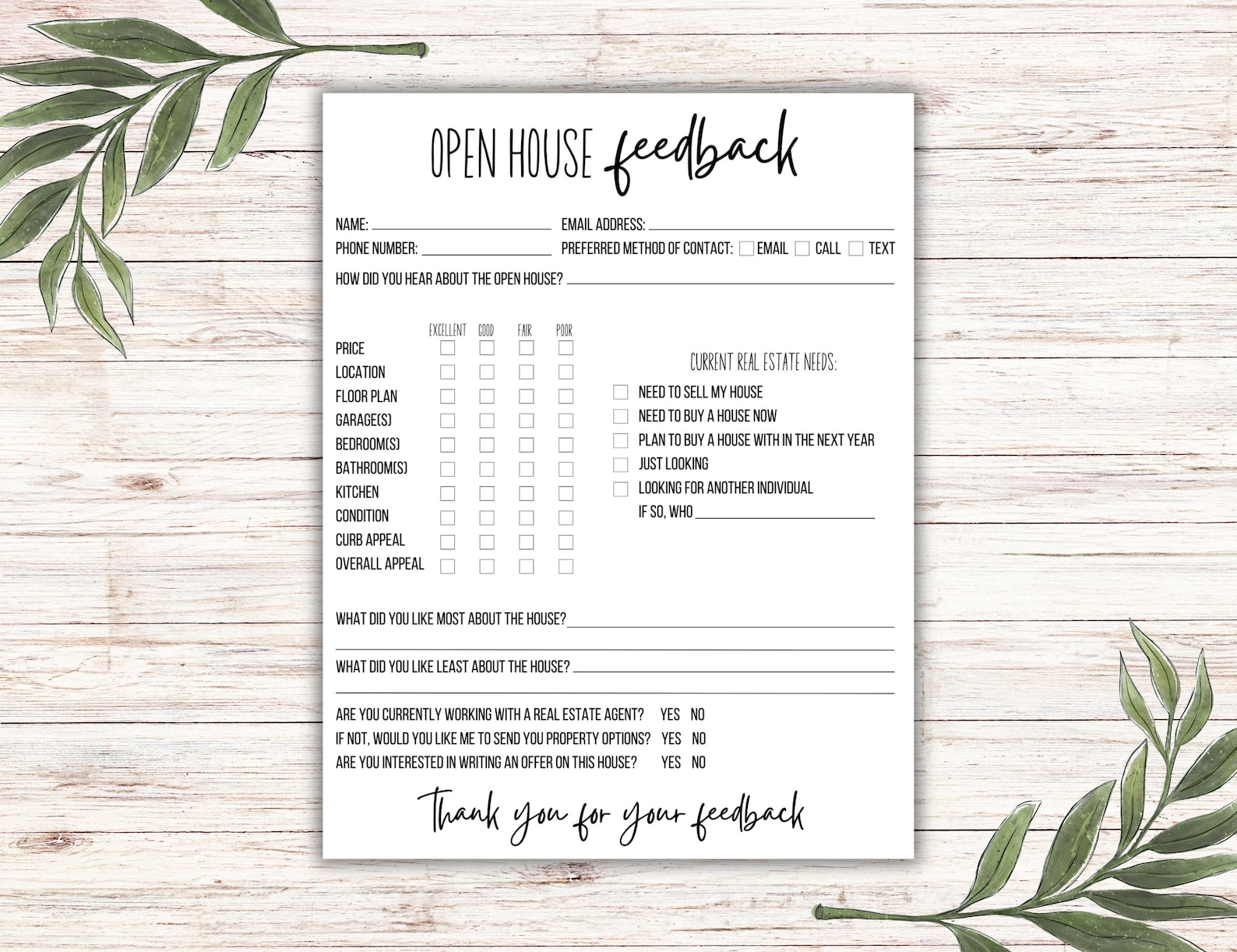 Open House Feedback Form: Realtor Survey (printable PDF) - Etsy