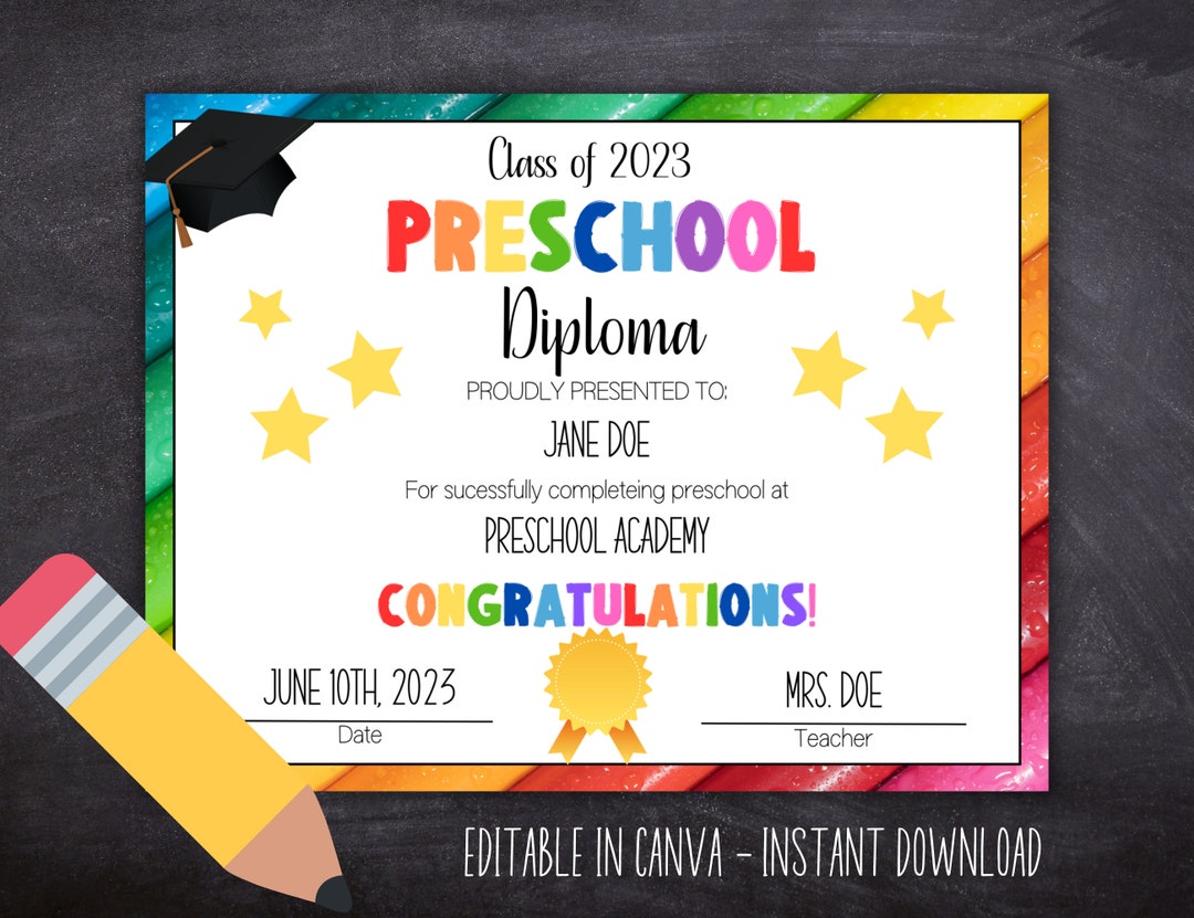 Preschool Diploma, Daycare Diploma, Graduation Certificate, Preschool ...