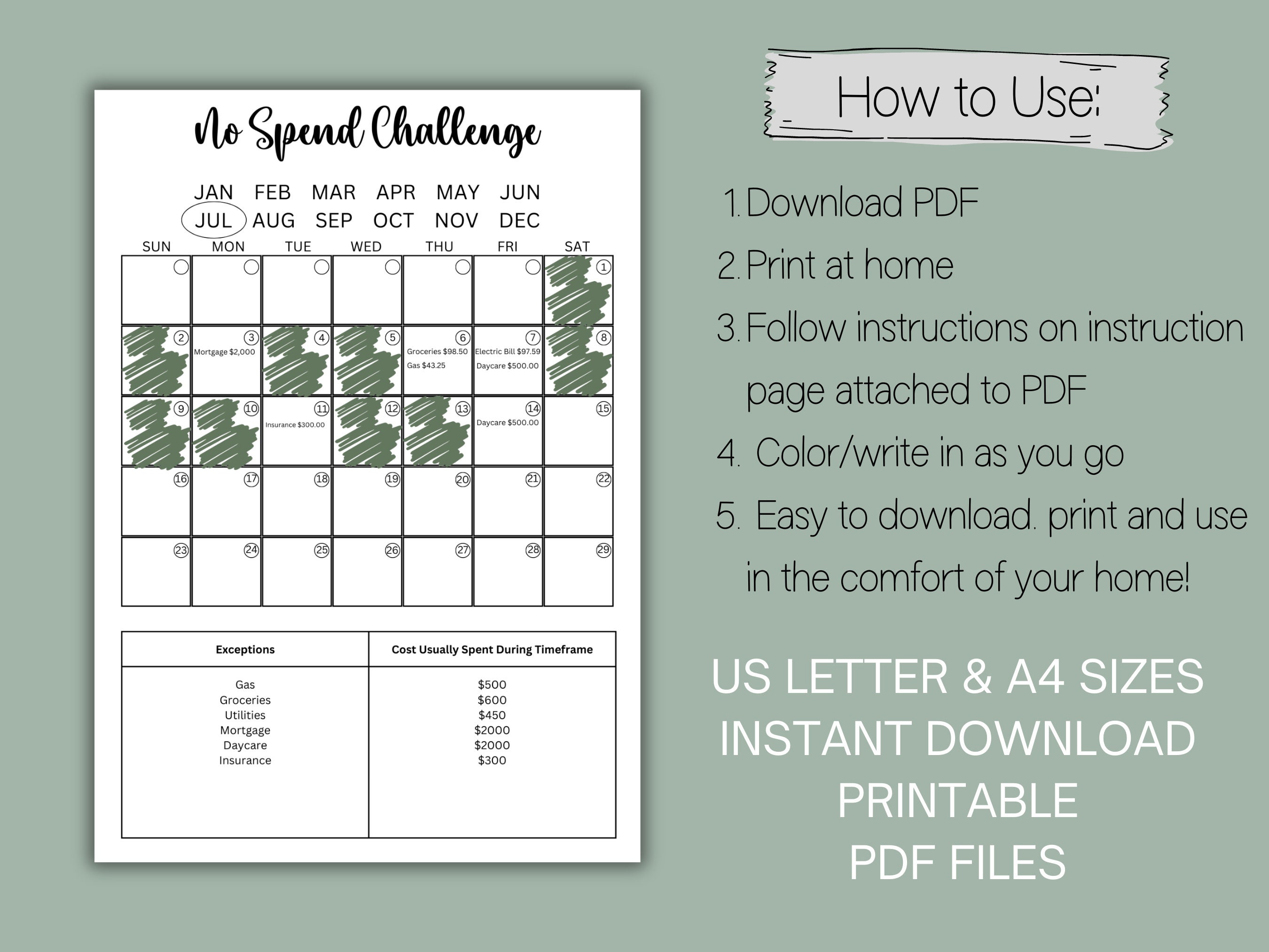 No Spend Challenge Tracker: Simple Budget Calendar (printable, Instant ...