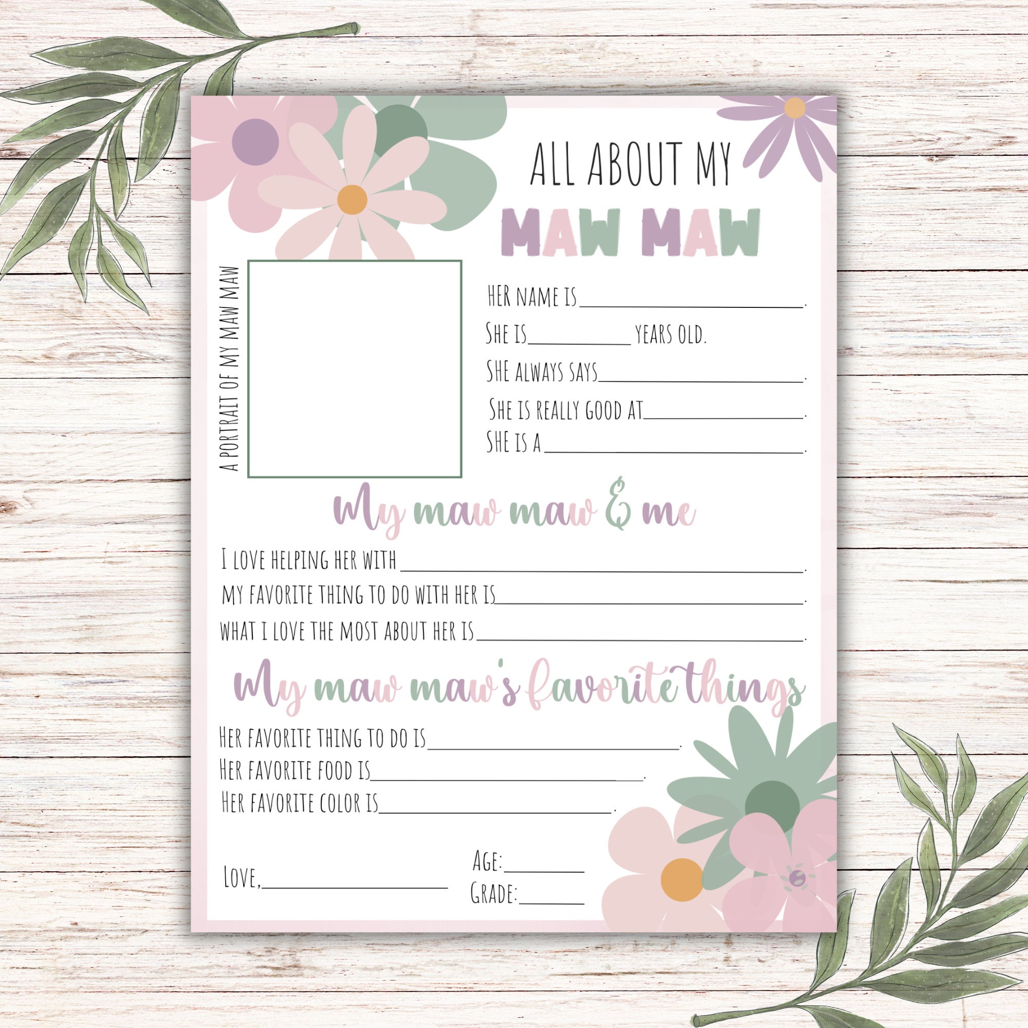 All About My Maw Maw Printable, Personalized Gift for Grandma, Maw Maw ...